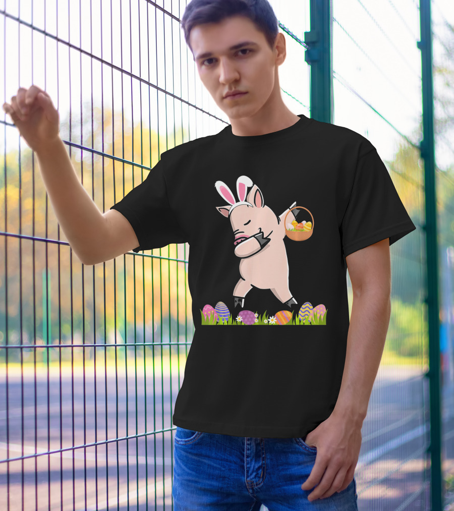 Dabbing Mini Pig With Easter Basket And Colorful Eggs Happy Easter Day T-Shirt