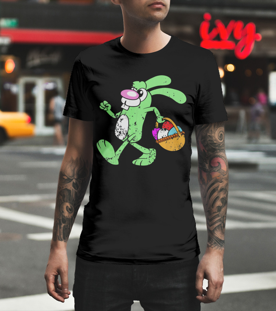 Retro Vintage Grunge Easter Bunny With Colorful Egg Basket T-Shirt