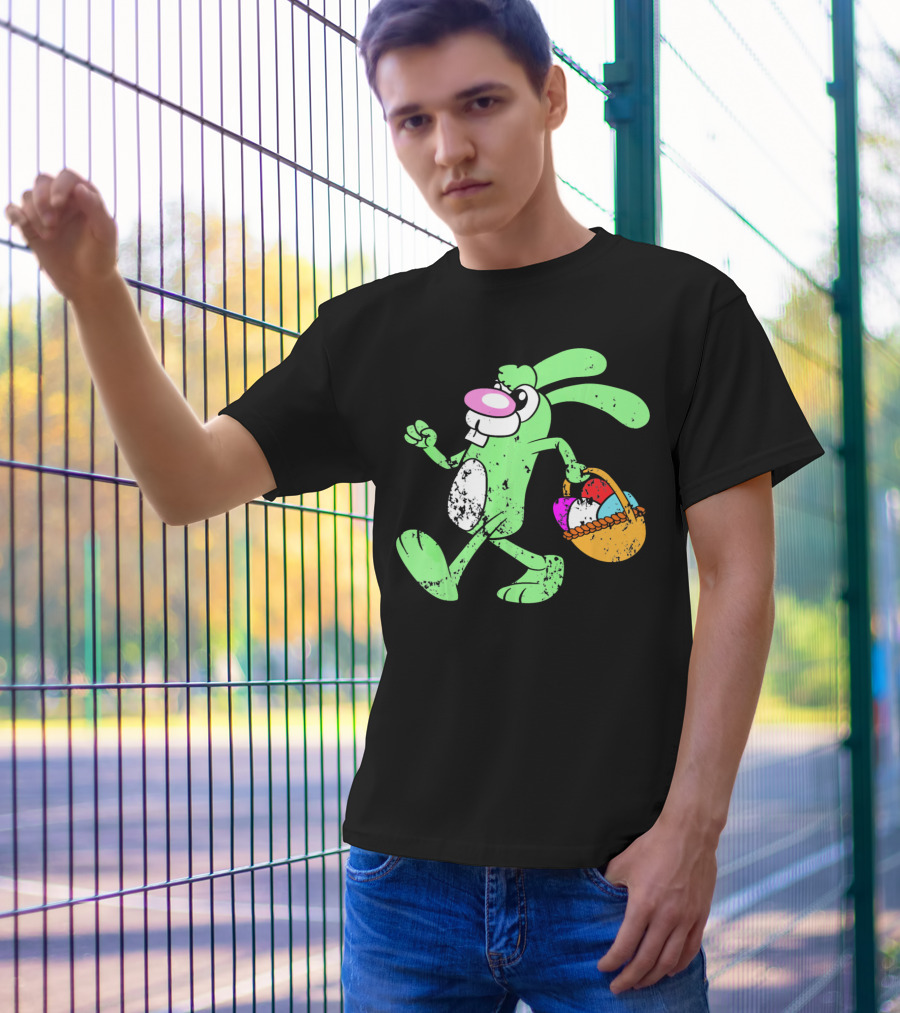 Retro Vintage Grunge Easter Bunny With Colorful Egg Basket T-Shirt