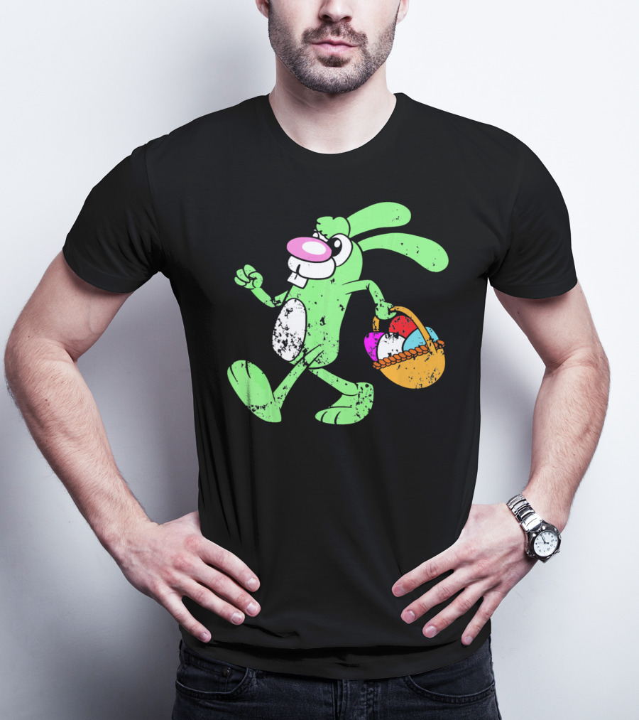 Retro Vintage Grunge Easter Bunny With Colorful Egg Basket T-Shirt