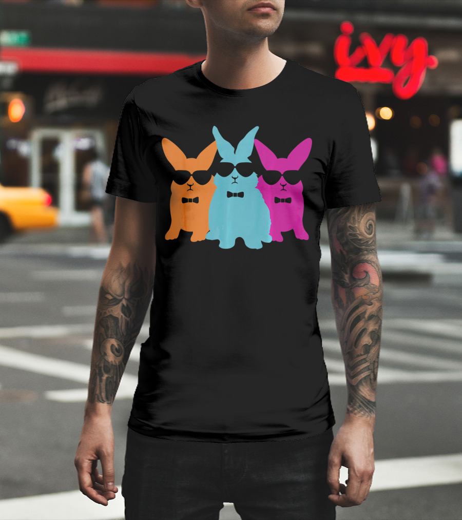 Hipster Easter Bunny Cool Rabbits Sunglasses Neon Trio Bow Ties T-Shirt