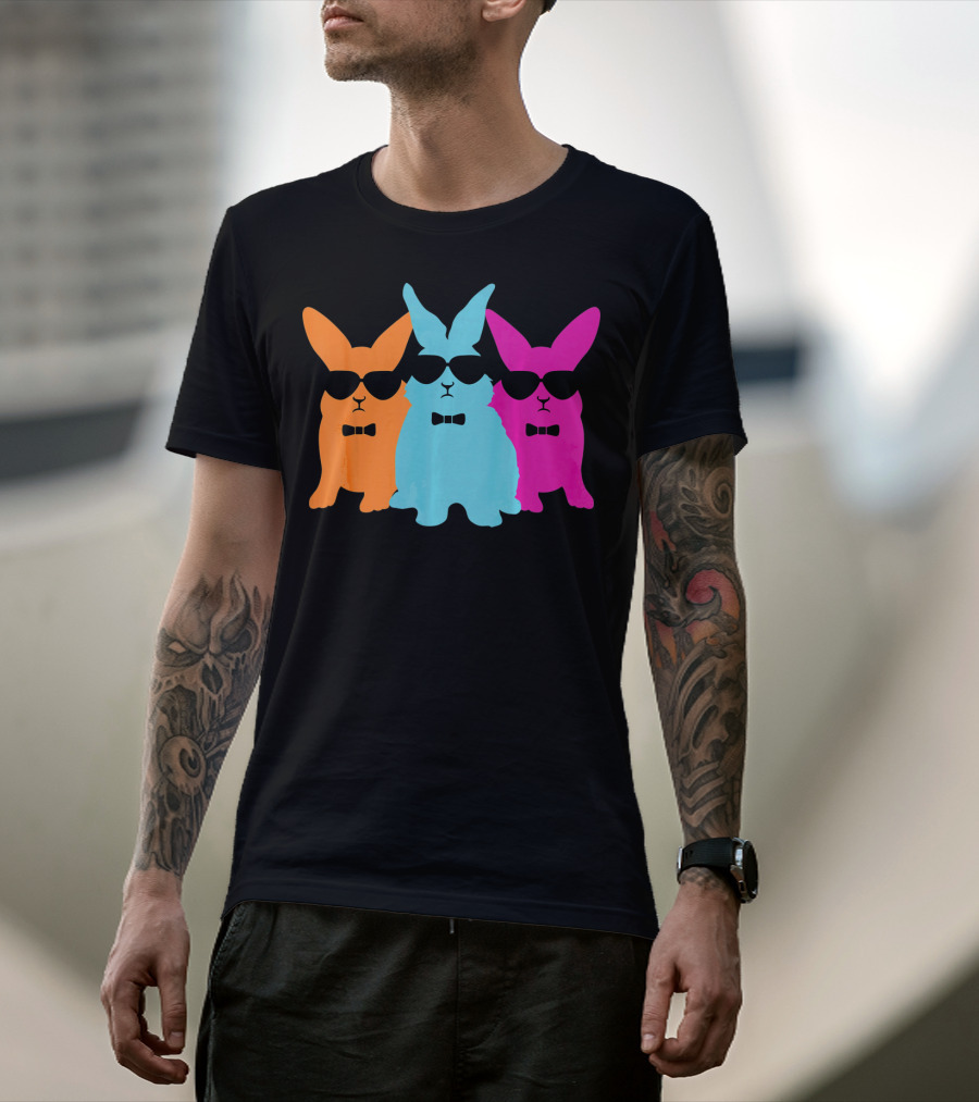 Hipster Easter Bunny Cool Rabbits Sunglasses Neon Trio Bow Ties T-Shirt