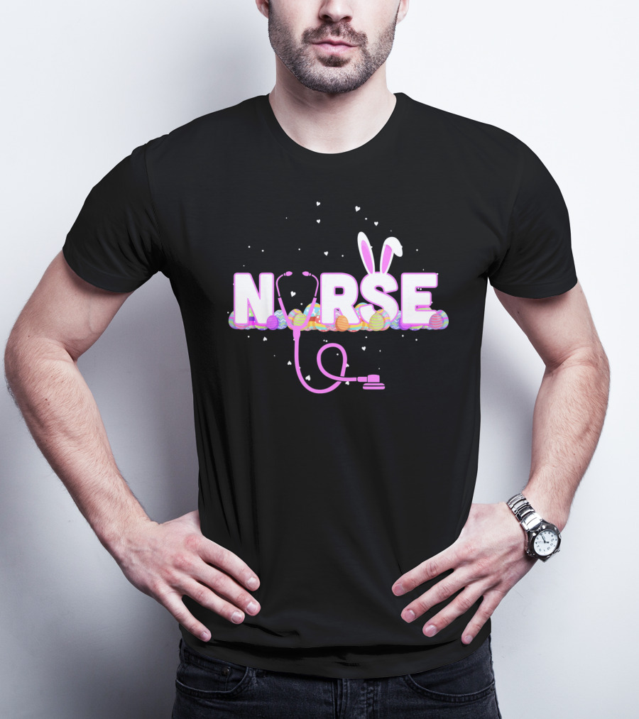 Nurse Easter Bunny Ears Colorful Eggs Stethoscope T-Shirt