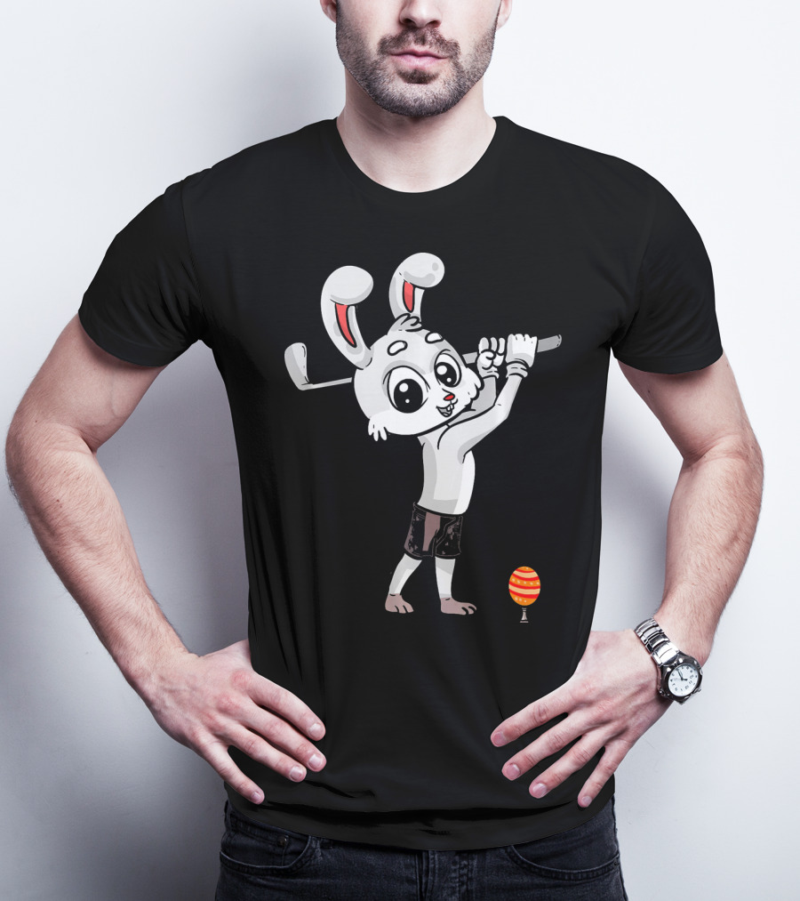 Funny Easter Bunny Playing Golf With Striped Egg T-Shirt