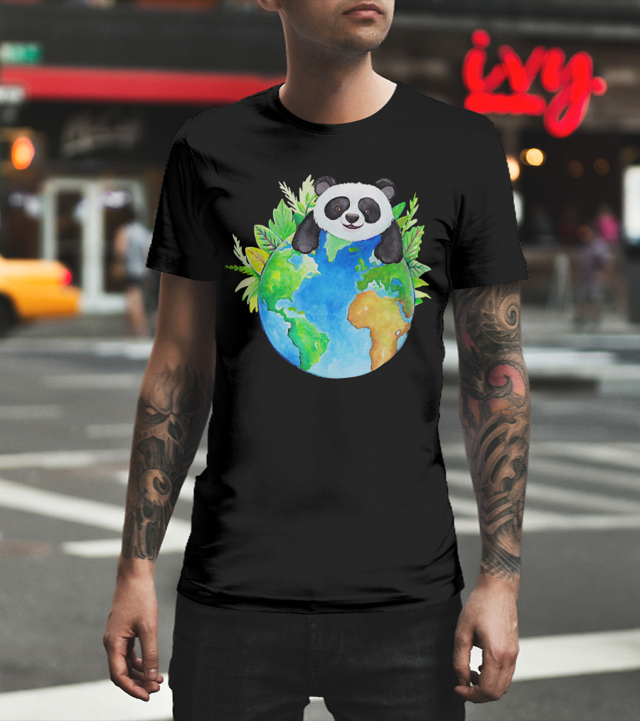 Cute Earth Panda Bear With Green Foliage T-Shirt