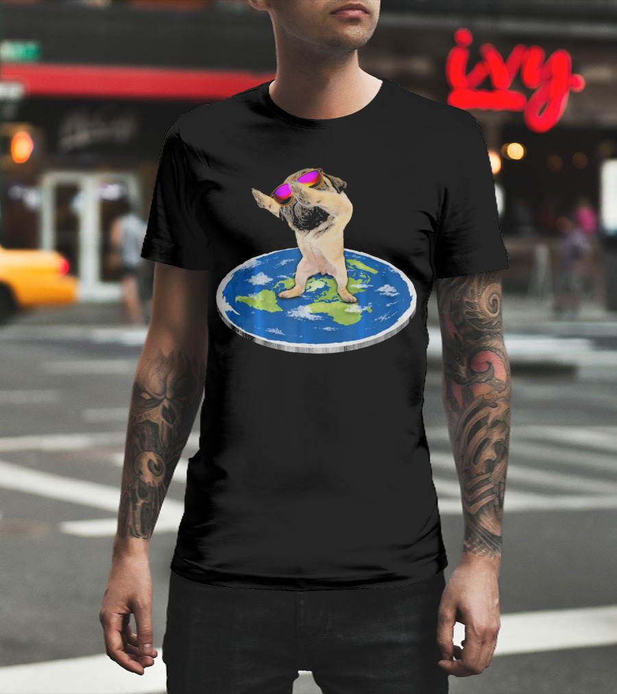Flat Earth Pug Dabbing With Sunglasses On World Map T-Shirt