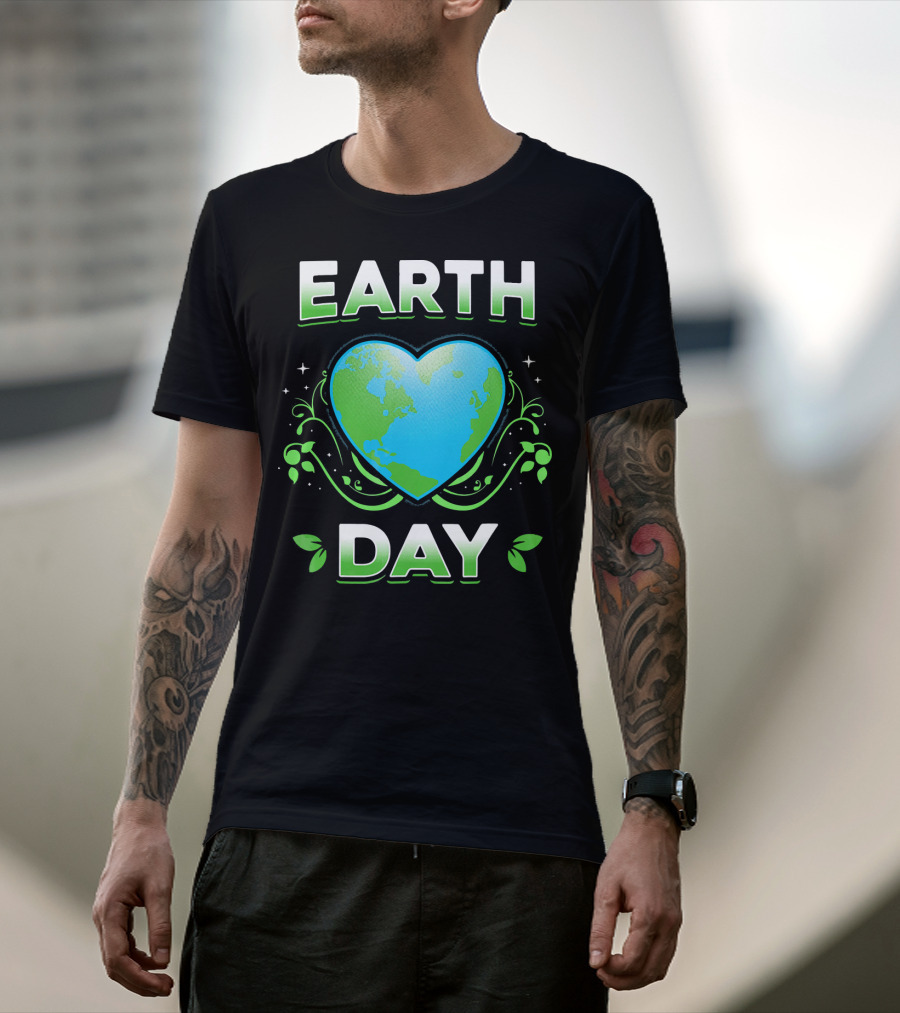 Earth Day Heart With Green Leaves And Swirls T-Shirt