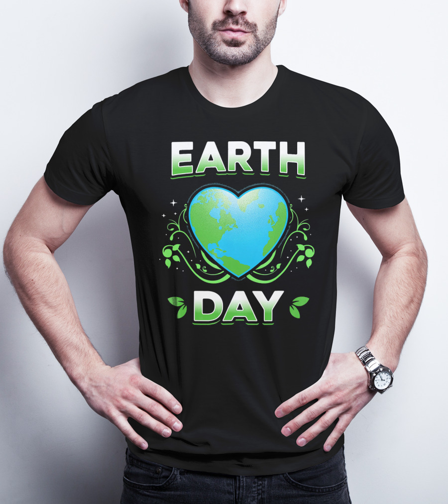 Earth Day Heart With Green Leaves And Swirls T-Shirt