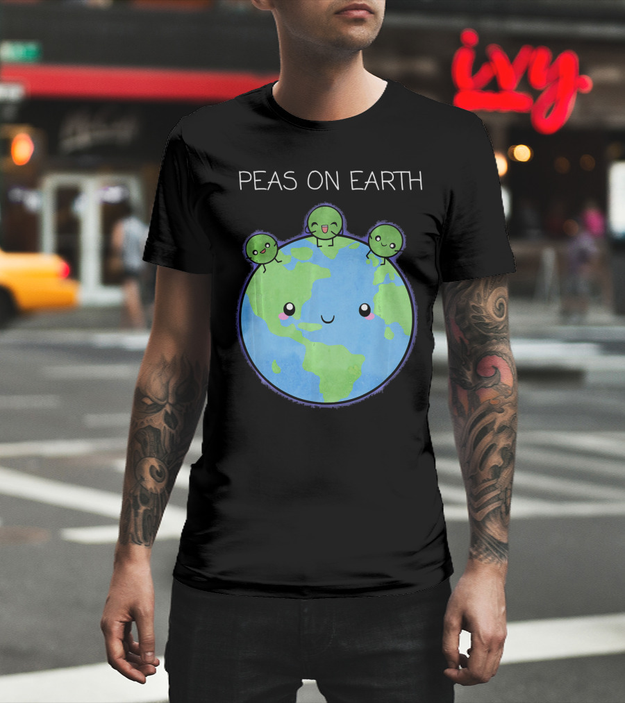 Peas On Earth Cute Cartoon Planet With Happy Faces T-Shirt