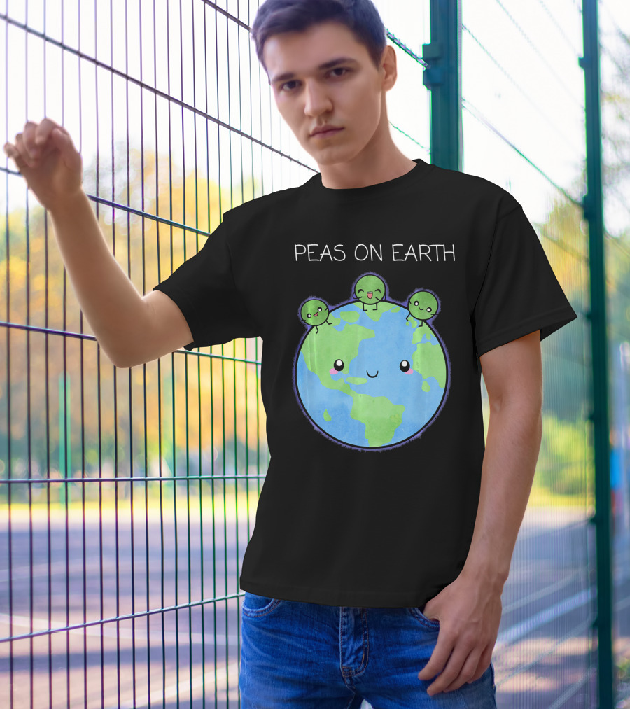 Peas On Earth Cute Cartoon Planet With Happy Faces T-Shirt
