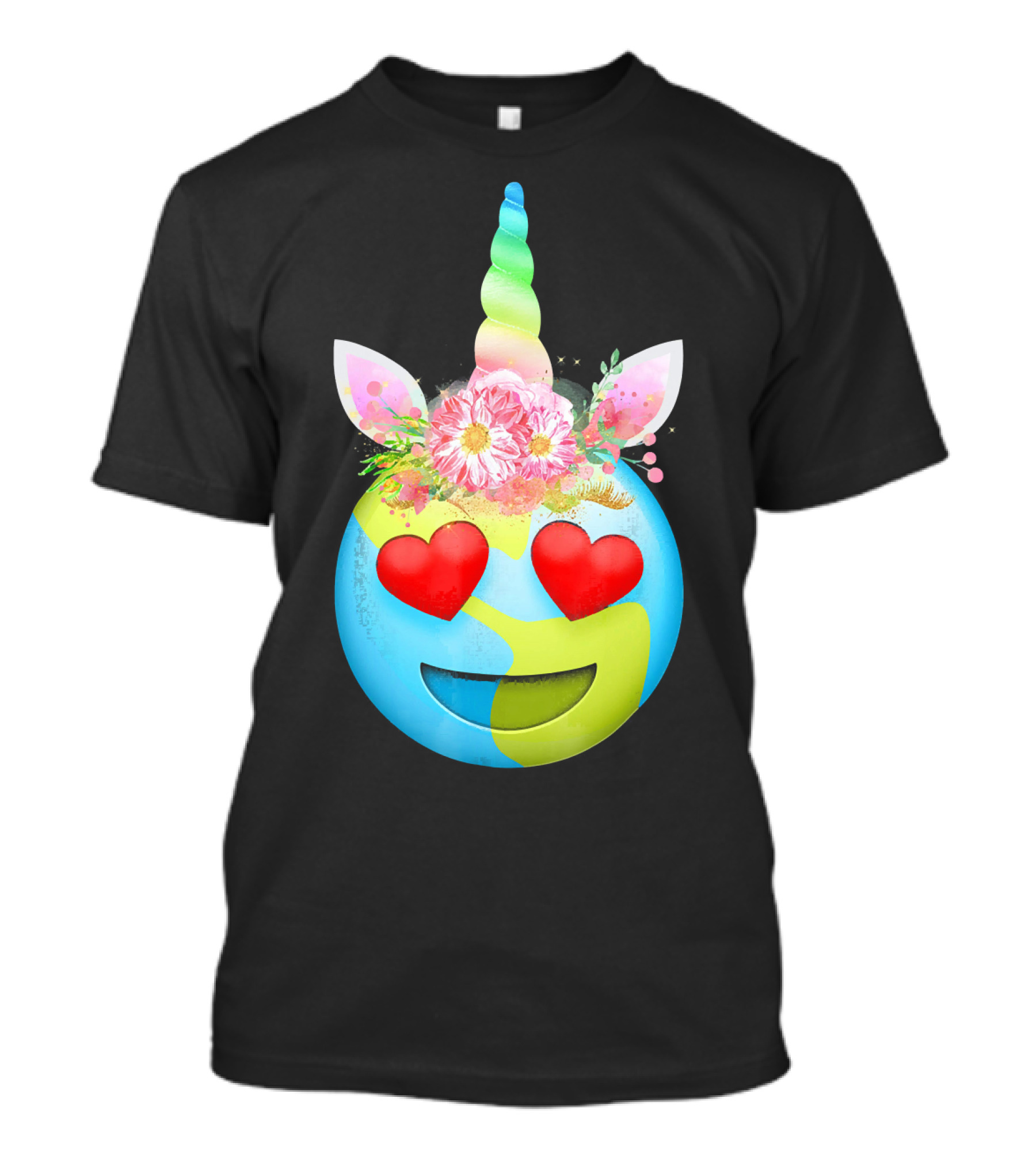 Heart Eyes Unicorn Earth Day Emoji Floral Mane T-Shirt
