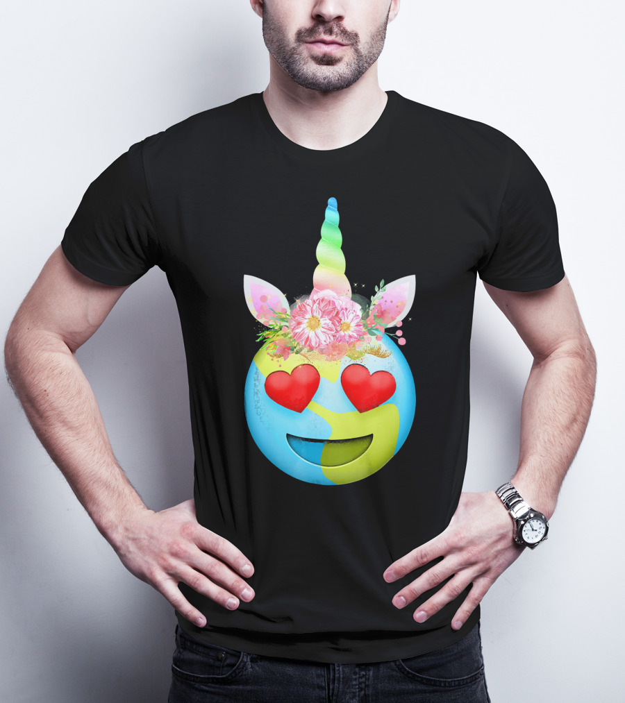 Heart Eyes Unicorn Earth Day Emoji Floral Mane T-Shirt