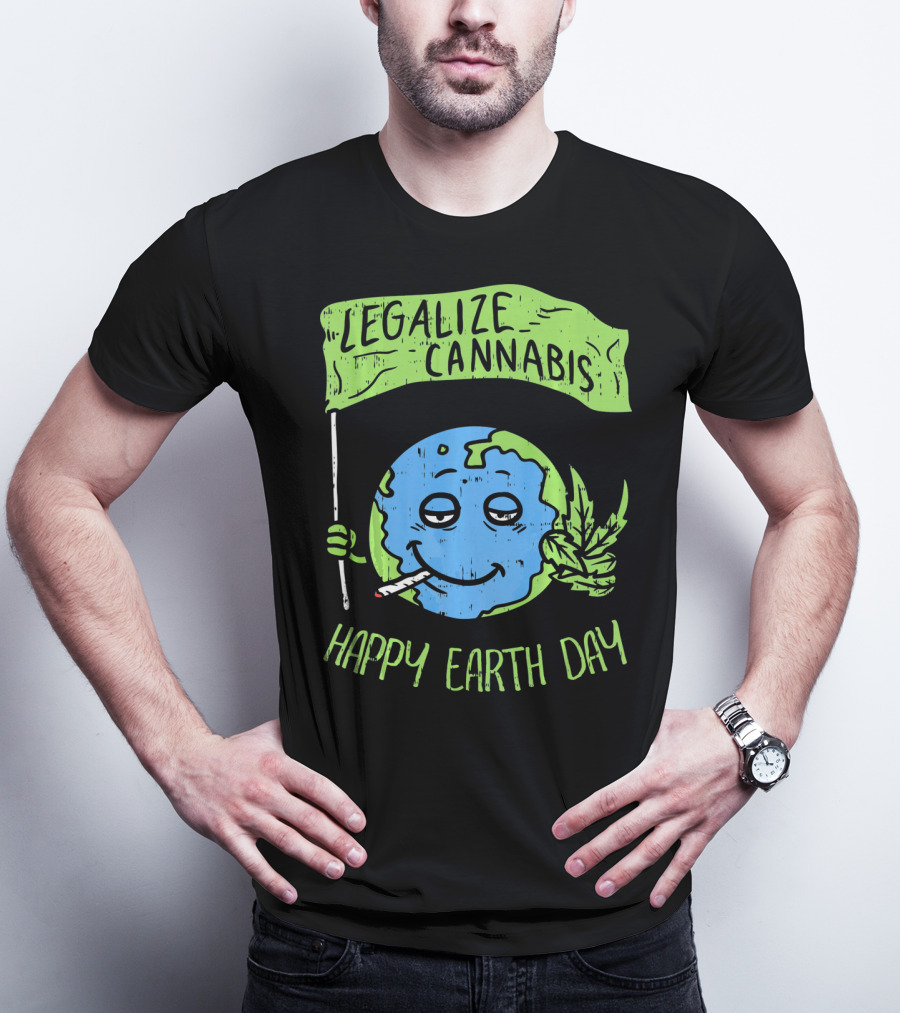 Legalize Cannabis Happy Earth Day Smoky Globe Holding Leaf T-Shirt