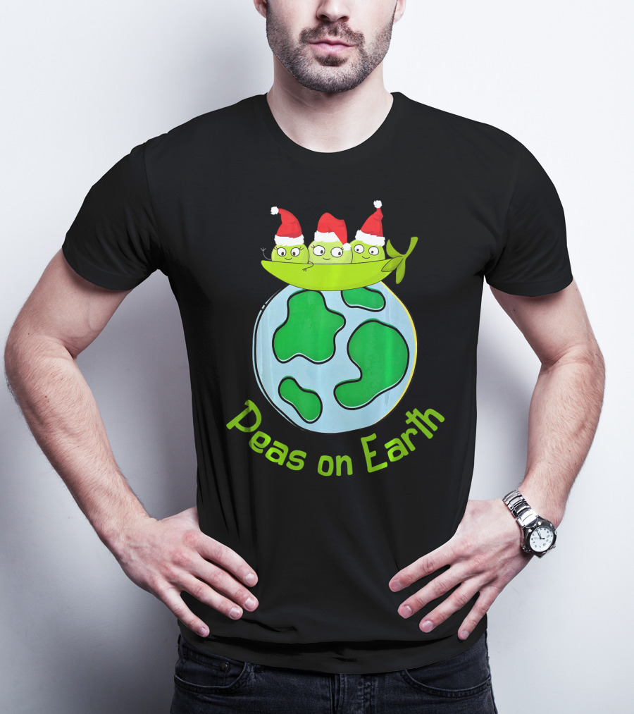 Christmas Peas On Earth With Santa Hat Vegetables On Globe T-Shirt