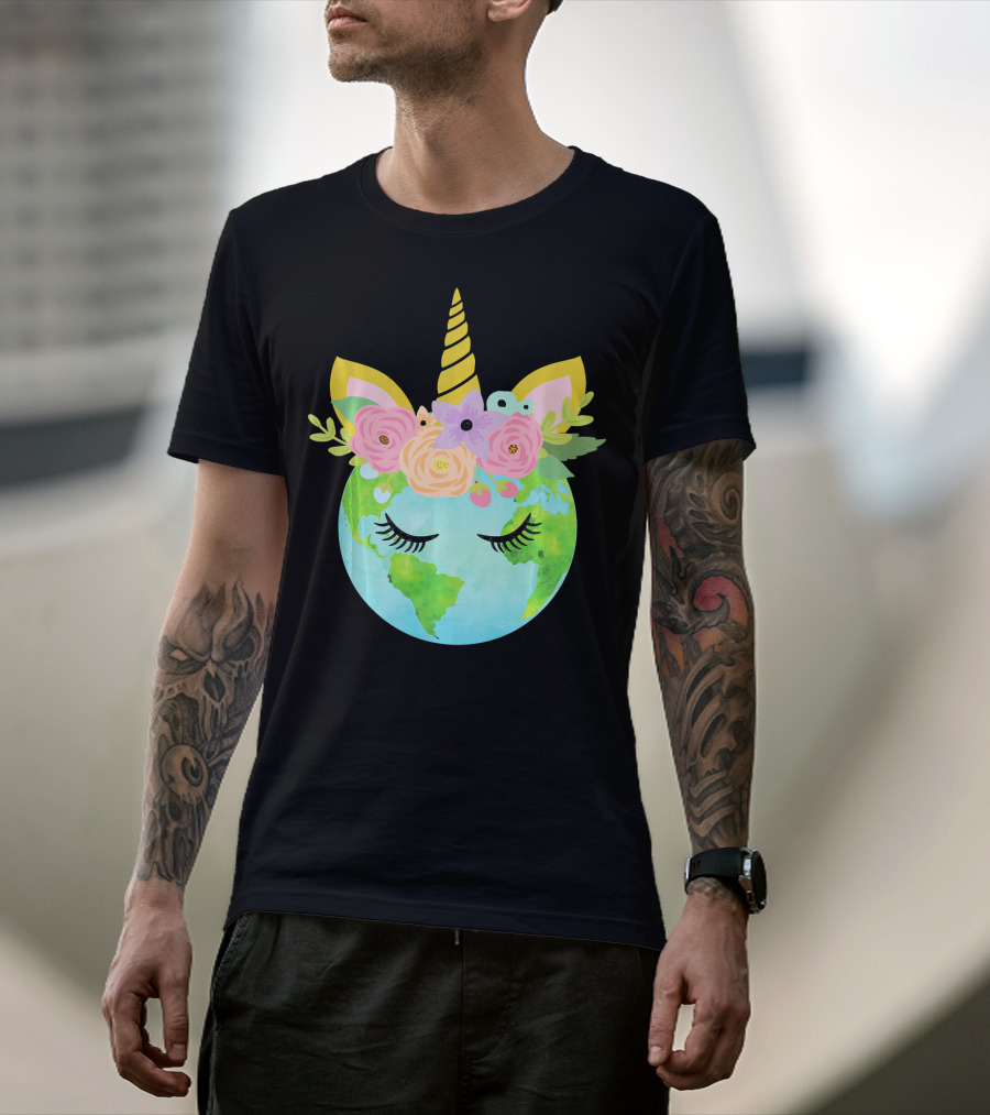 Floral Unicorn Globe For Earth Day T-Shirt