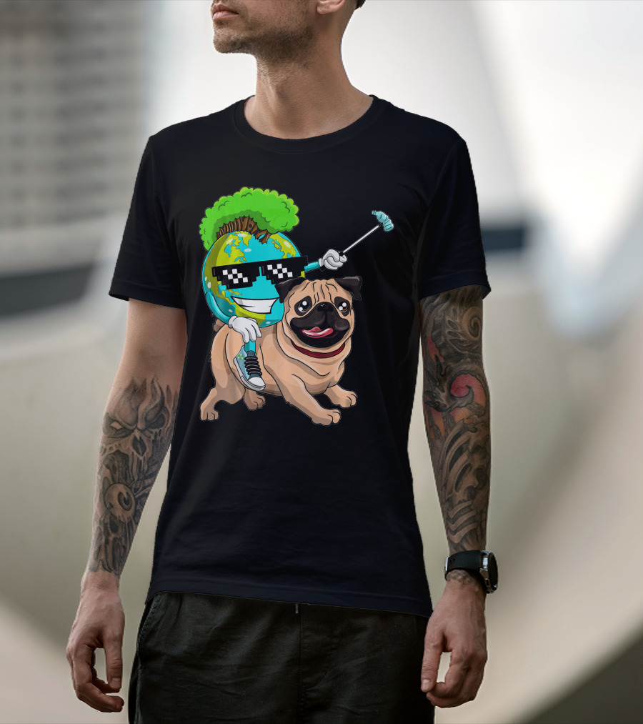 Earth Day Pug With Cool Recycling Globe And Sunglasses T-Shirt