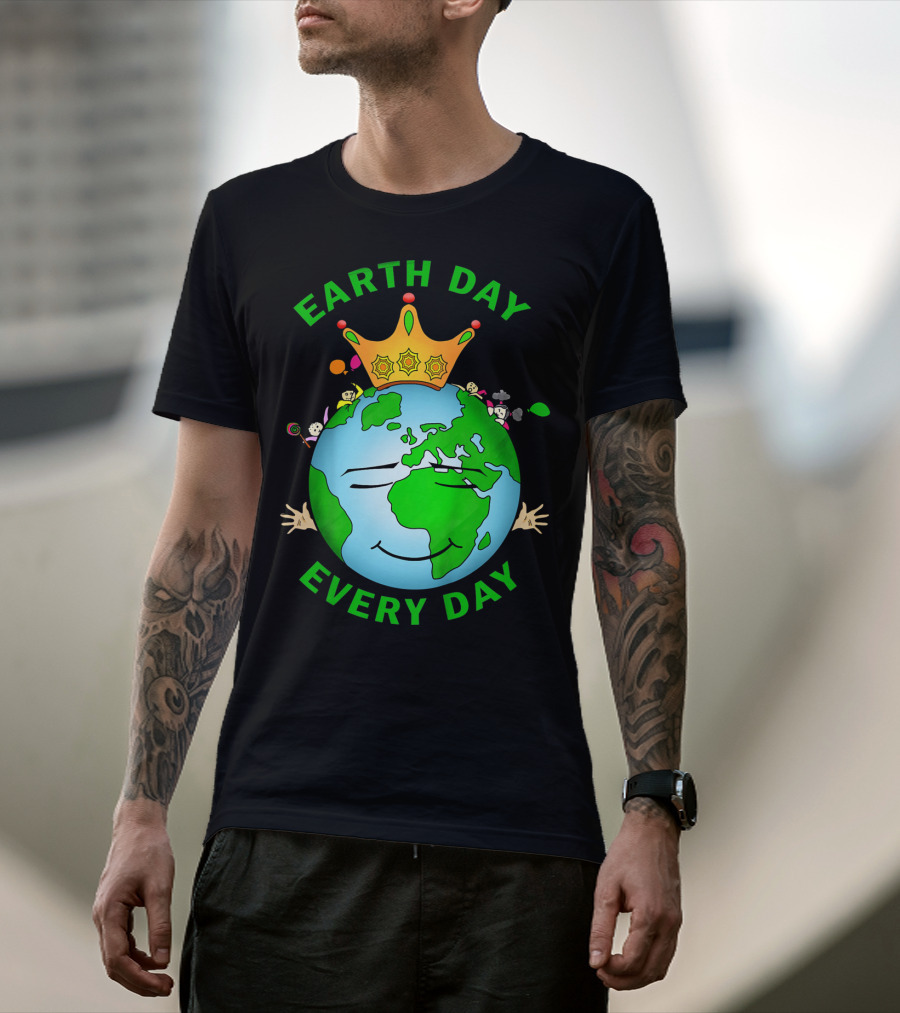 Earth Day Every Day Smiling Earth With Crown And Playful Elements T-Shirt