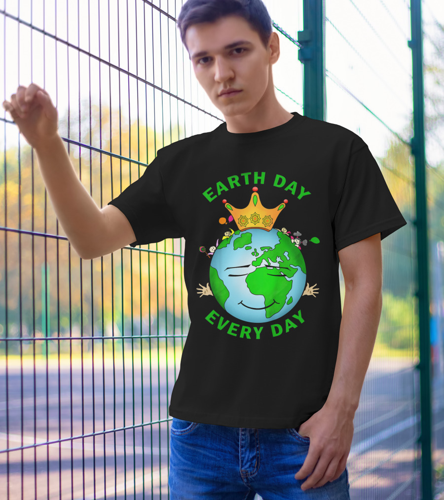Earth Day Every Day Smiling Earth With Crown And Playful Elements T-Shirt