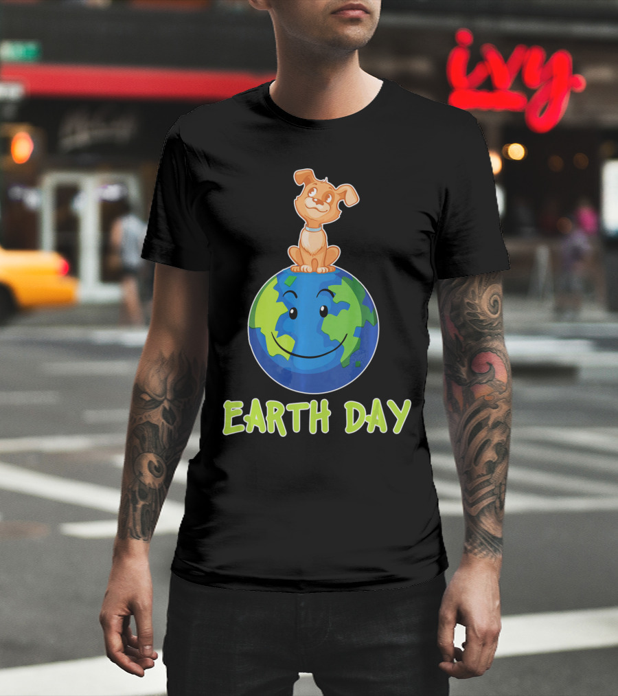 Earth Day Dog On Smiling Planet Earth T-Shirt