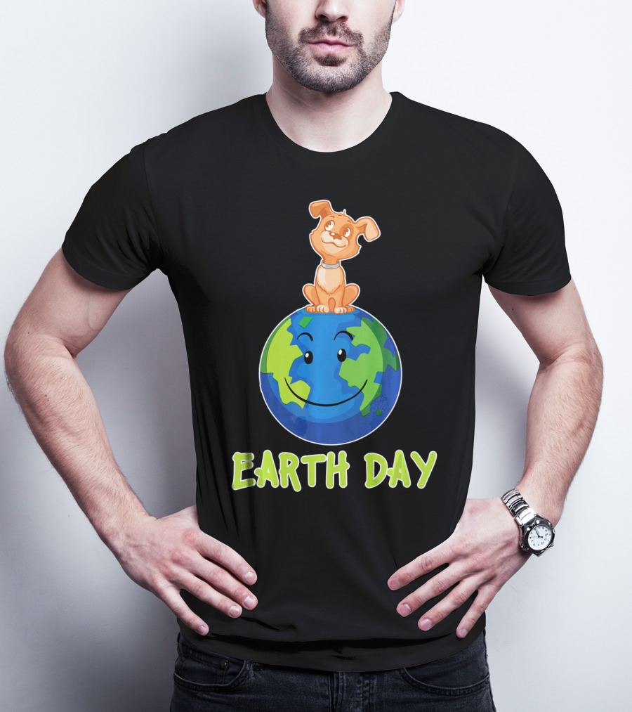 Earth Day Dog On Smiling Planet Earth T-Shirt