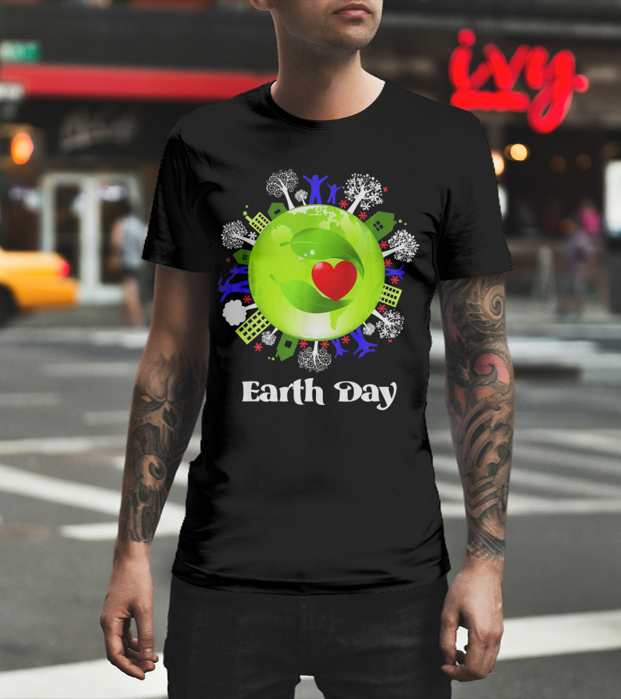Earth Day Planet Earth Love With Leaf And Heart T-Shirt