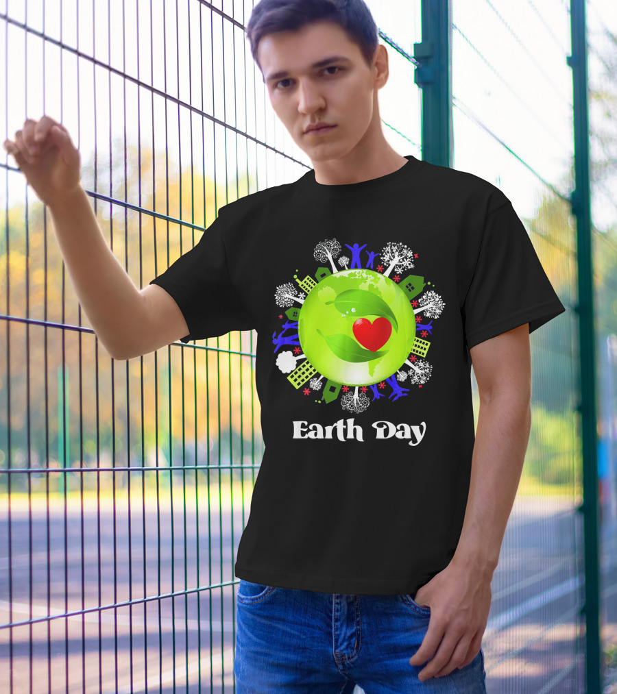 Earth Day Planet Earth Love With Leaf And Heart T-Shirt