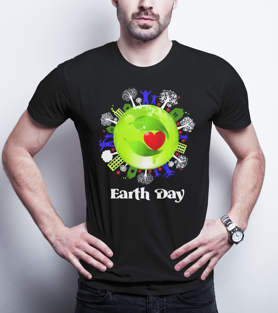Earth Day Planet Earth Love With Leaf And Heart T-Shirt