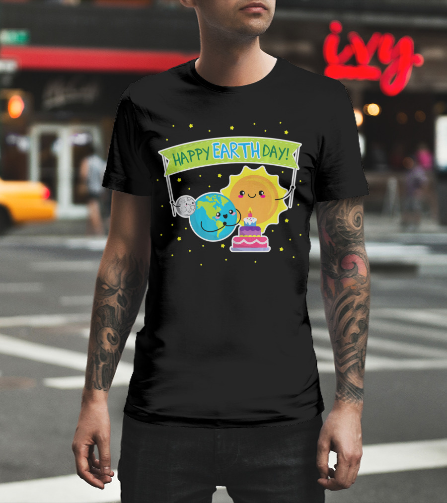 Happy Earth Day Cute Earth Sun Moon Cake T-Shirt