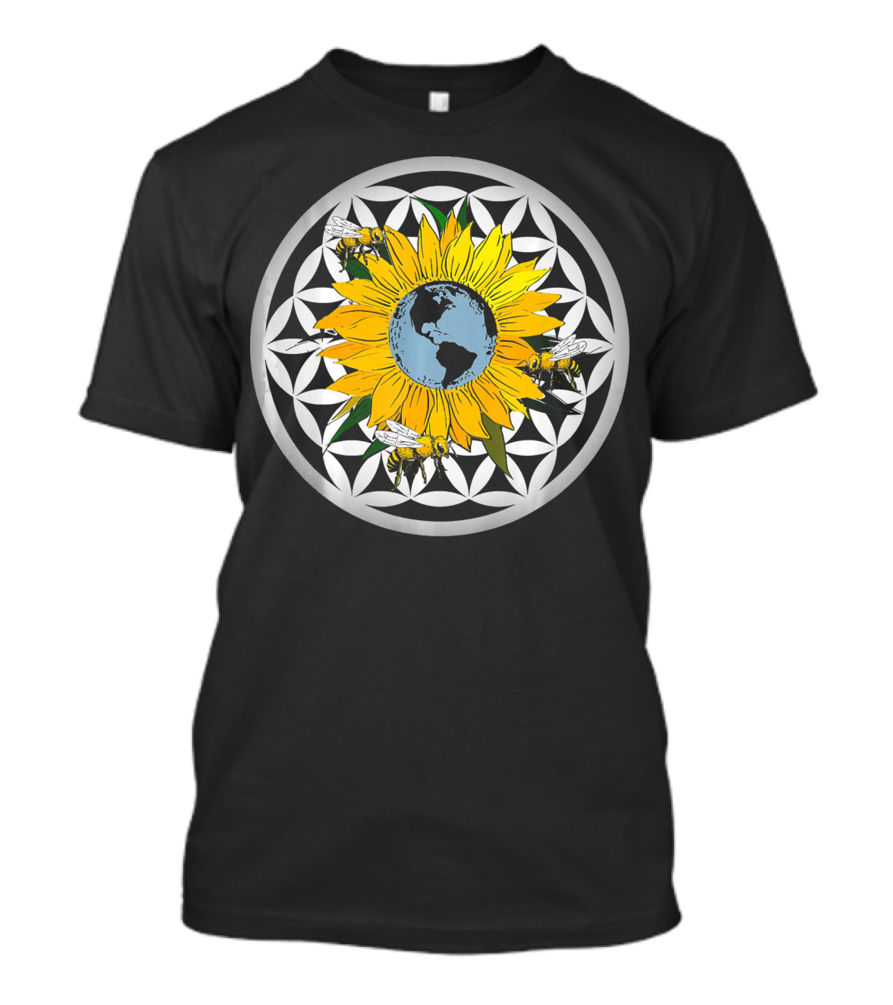 Sunflower Earth With Flower Of Life And Bees T-Shirt