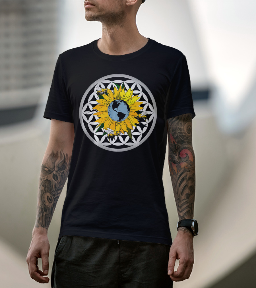 Sunflower Earth With Flower Of Life And Bees T-Shirt
