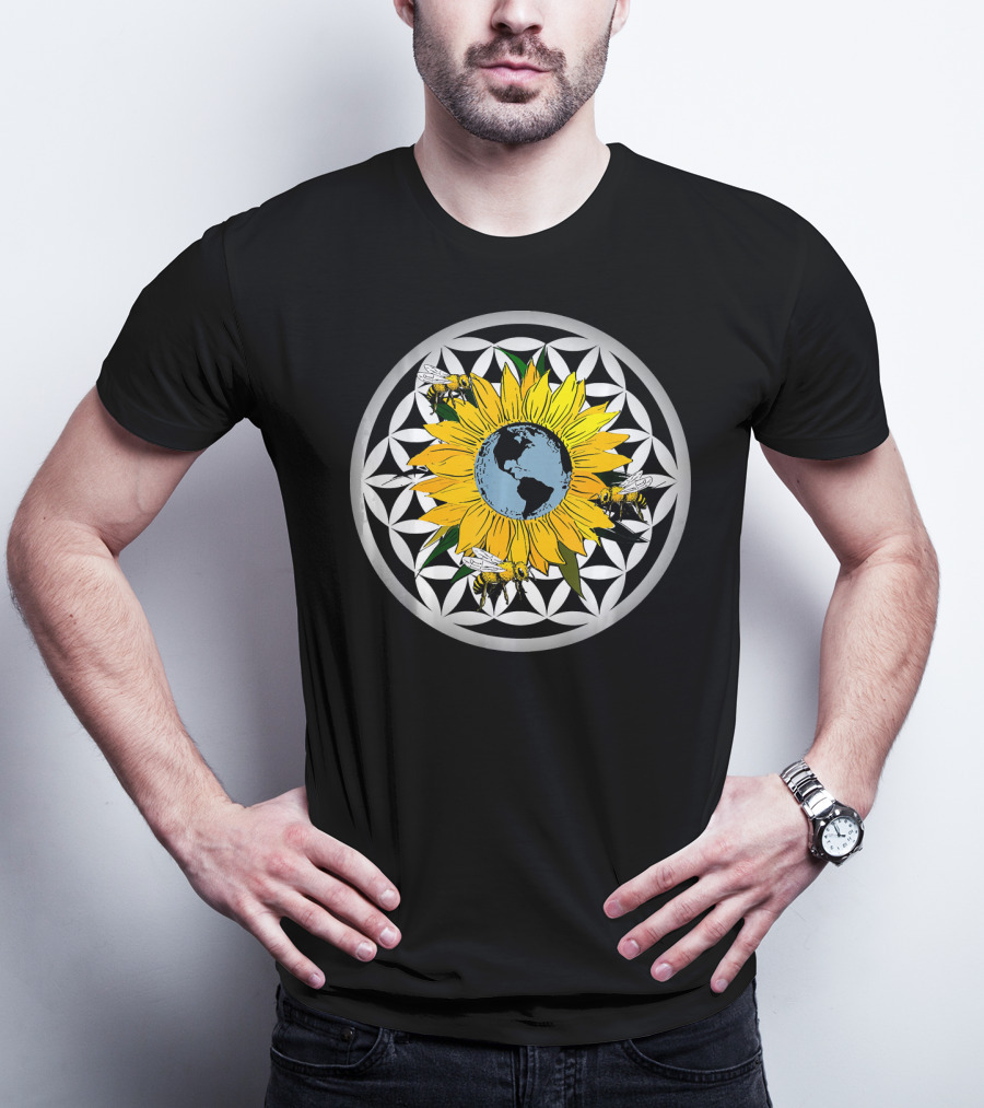 Sunflower Earth With Flower Of Life And Bees T-Shirt