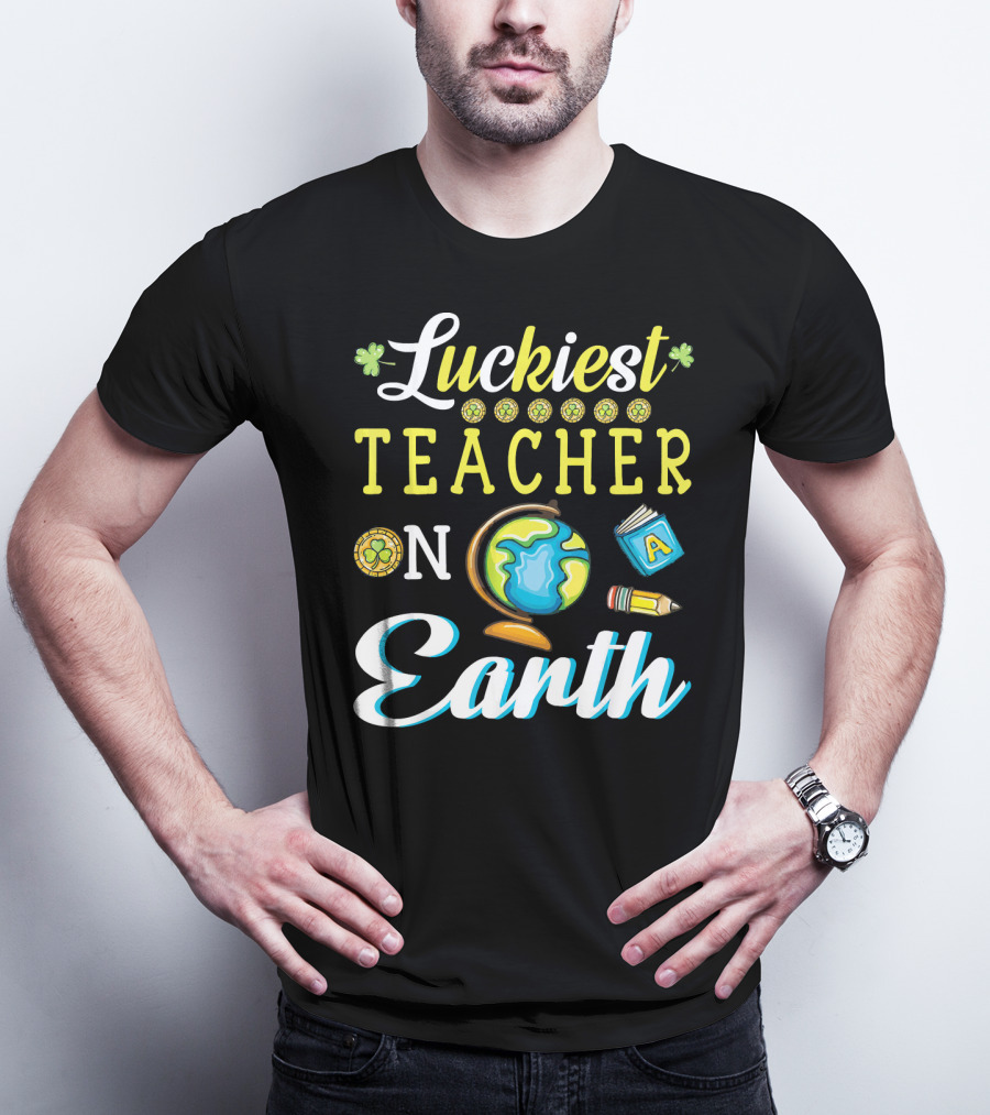 Luckiest Teacher On Earth With Globe And School Icons T-Shirt
