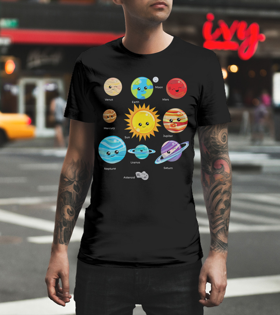 Solar System Planets Earth Moon Sun Venus Mars Mercury Jupiter Neptune Uranus Saturn Asteroid Cartoon T-Shirt