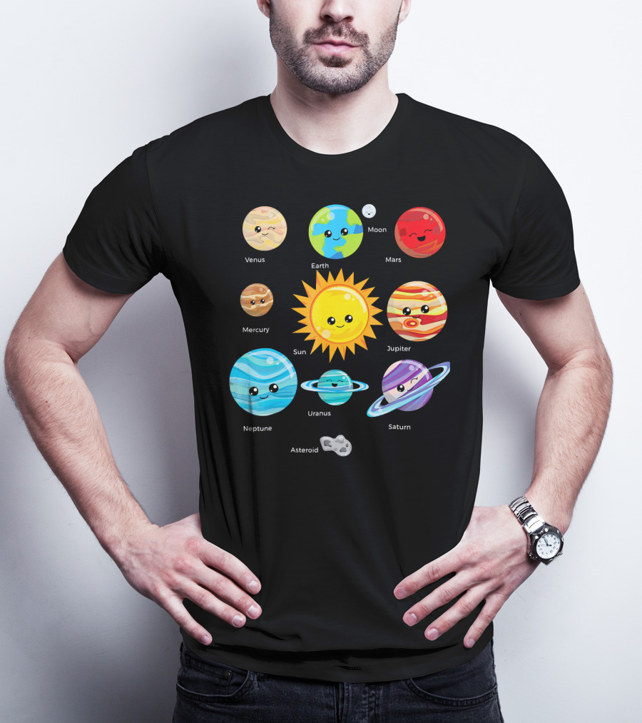 Solar System Planets Earth Moon Sun Venus Mars Mercury Jupiter Neptune Uranus Saturn Asteroid Cartoon T-Shirt