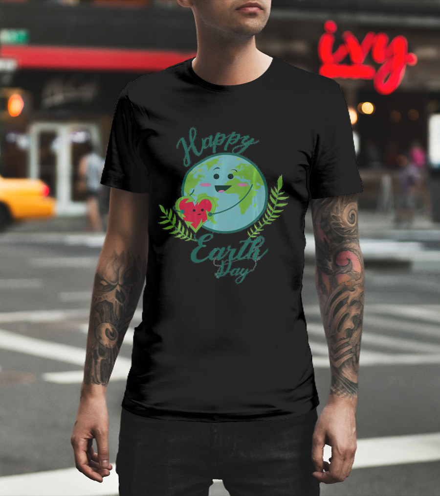 Happy Earth Day Smiling Planet With Heart And Leaves T-Shirt