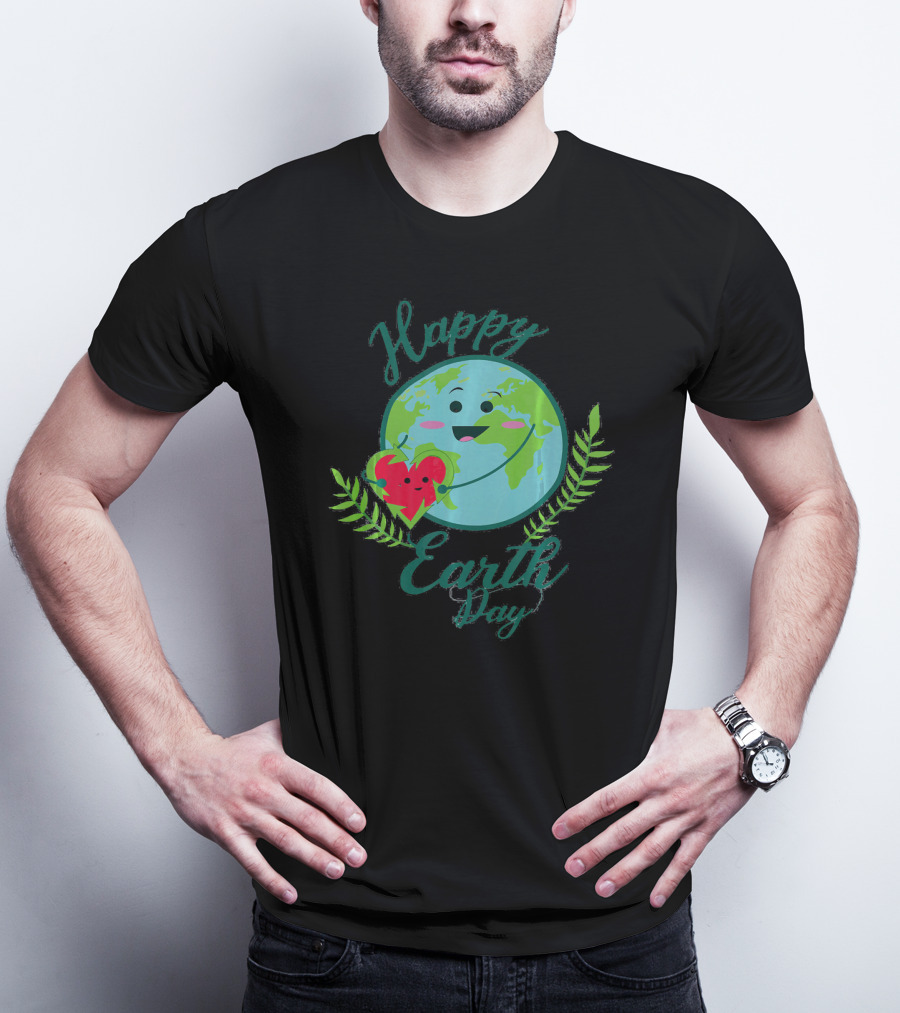 Happy Earth Day Smiling Planet With Heart And Leaves T-Shirt
