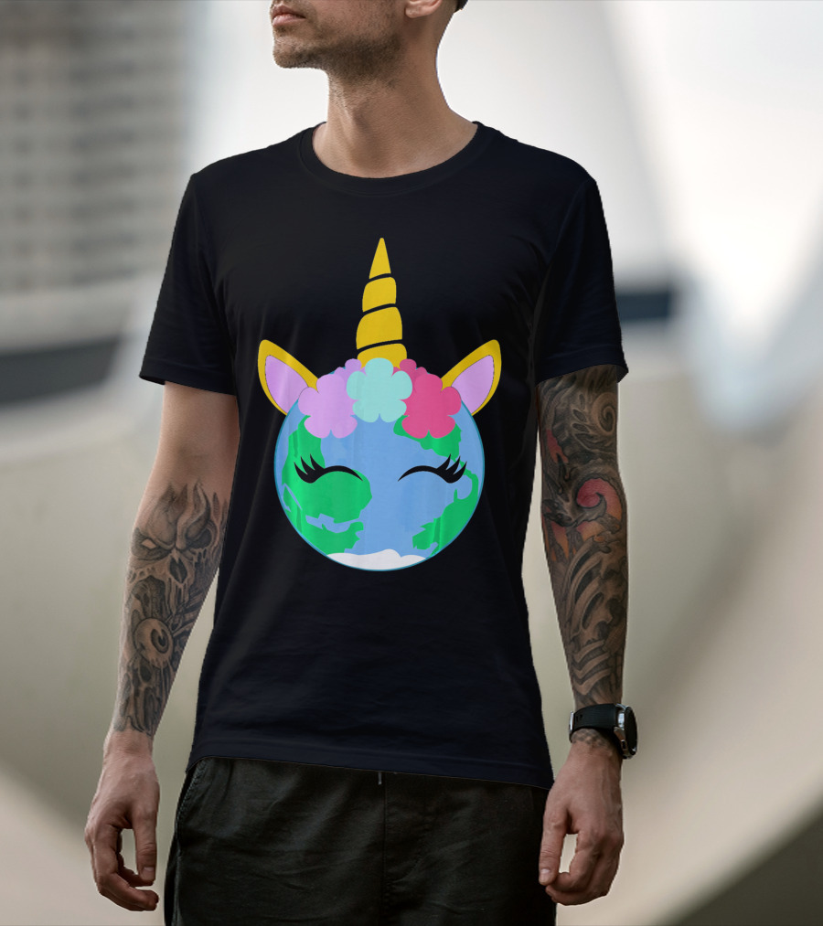 Unicorn Earth Cute Unicorn Face Earth With Flowers And Horn T-Shirt