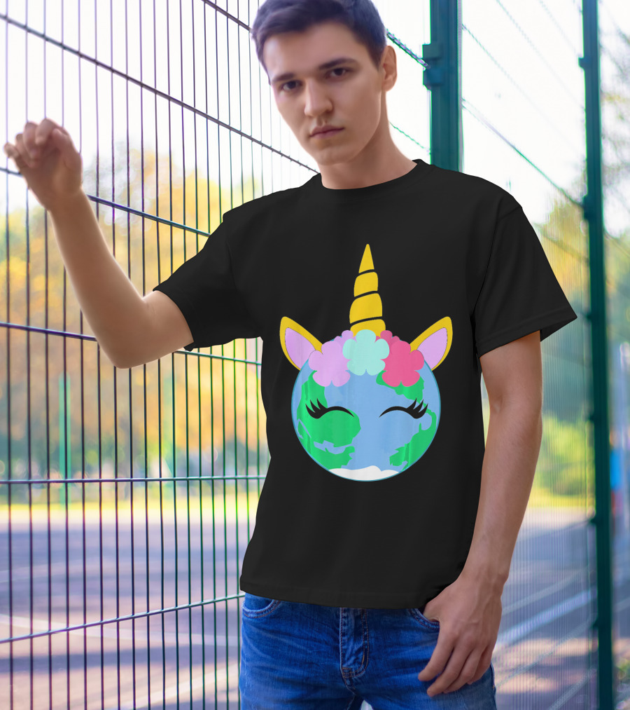 Unicorn Earth Cute Unicorn Face Earth With Flowers And Horn T-Shirt