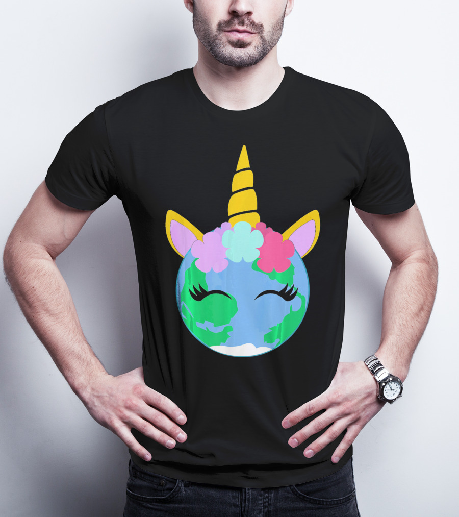 Unicorn Earth Cute Unicorn Face Earth With Flowers And Horn T-Shirt