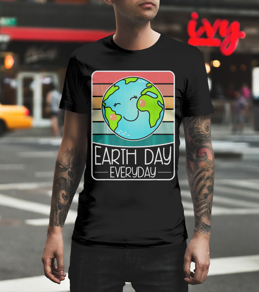 Earth Day Everyday Smiling Earth On Retro Stripes T-Shirt