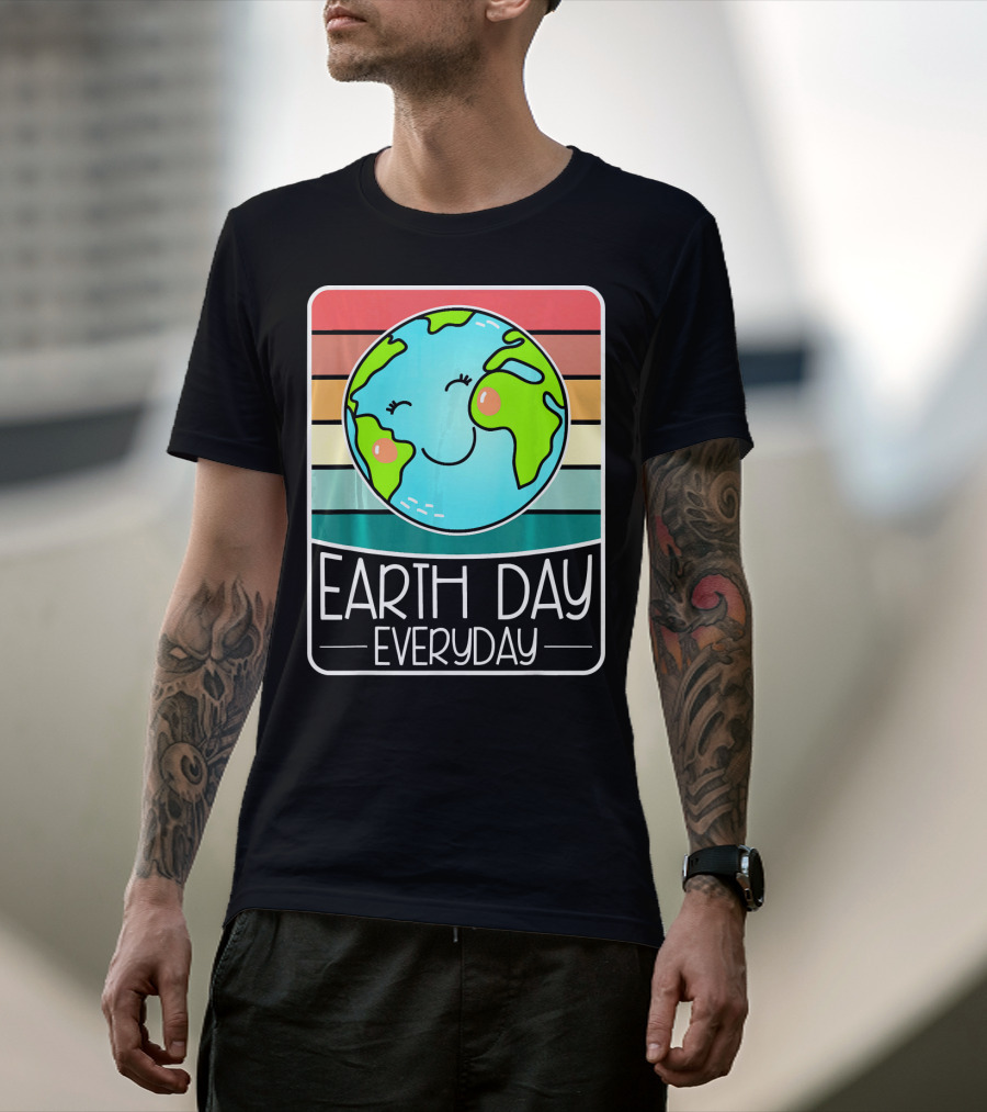 Earth Day Everyday Smiling Earth On Retro Stripes T-Shirt