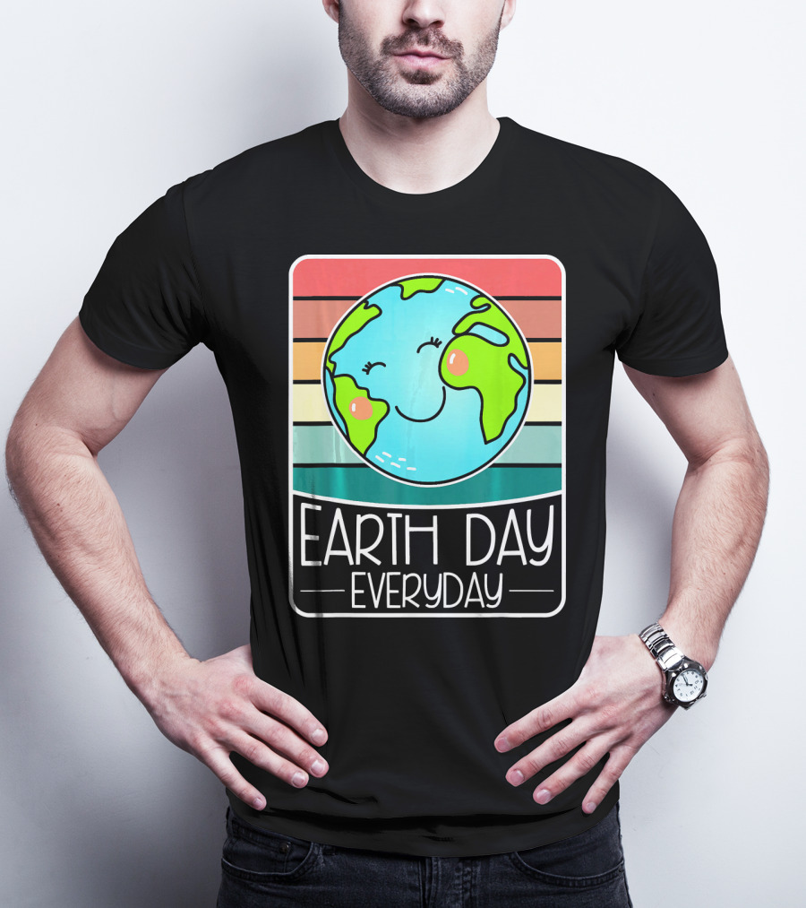 Earth Day Everyday Smiling Earth On Retro Stripes T-Shirt