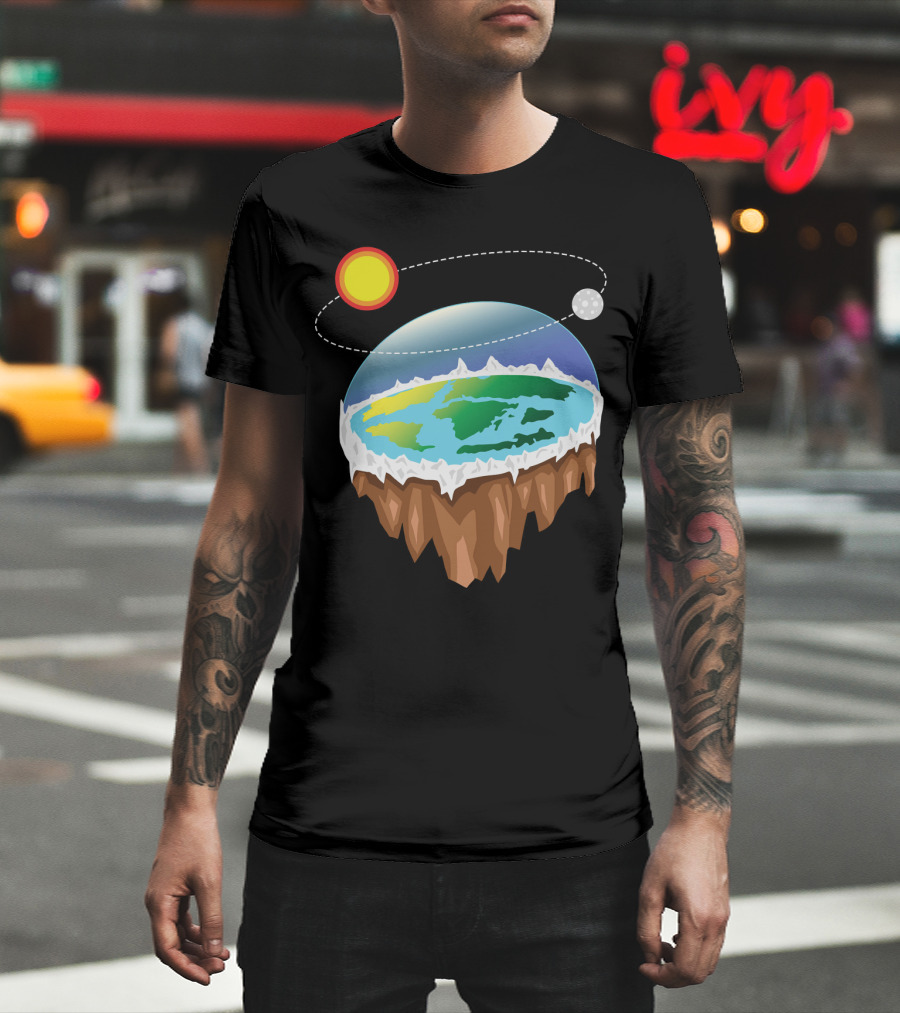 Flat Earth Ice Wall With Floating Sun And Moon Elements T-Shirt