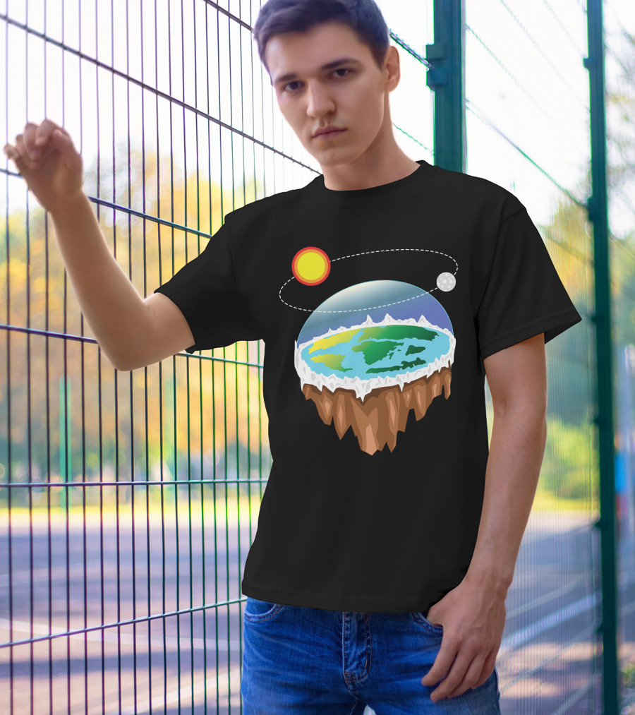 Flat Earth Ice Wall With Floating Sun And Moon Elements T-Shirt