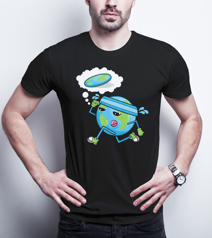 Flat Earth Gym Runner Cartoon With Sweatband And Sneakers T-Shirt