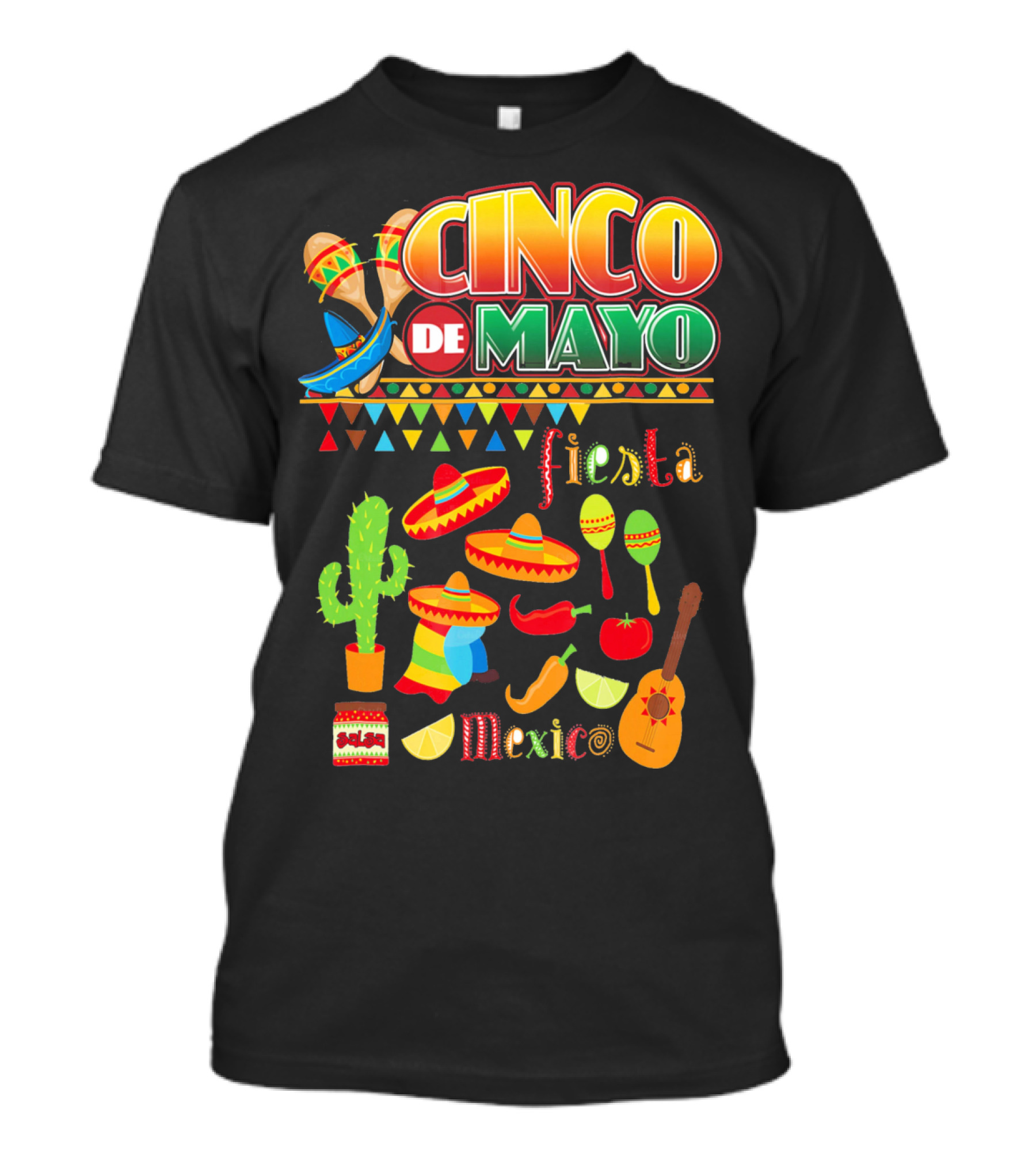 Cinco De Mayo Fiesta Mexico Cactus Sombrero Maracas Guitar Lime Chilli Peppers Icons T-Shirt