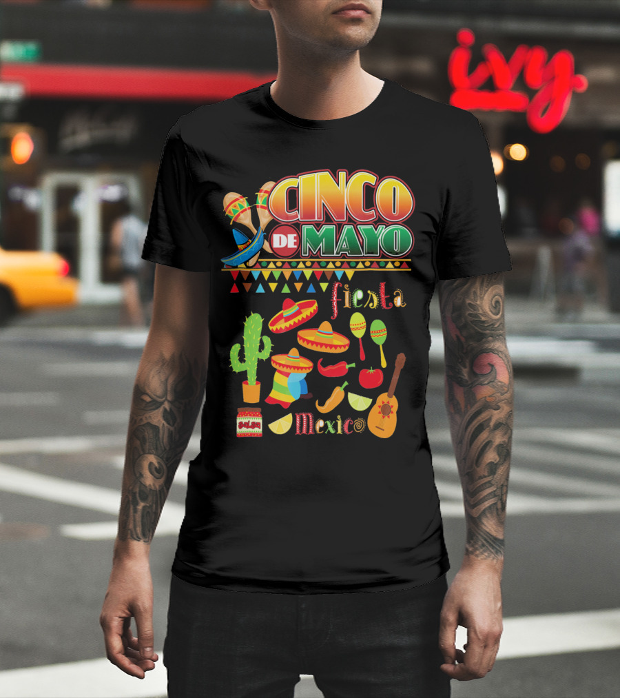 Cinco De Mayo Fiesta Mexico Cactus Sombrero Maracas Guitar Lime Chilli Peppers Icons T-Shirt