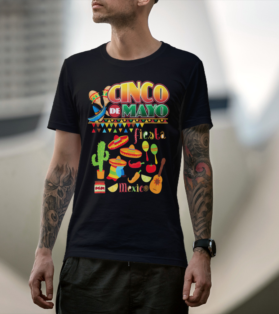 Cinco De Mayo Fiesta Mexico Cactus Sombrero Maracas Guitar Lime Chilli Peppers Icons T-Shirt