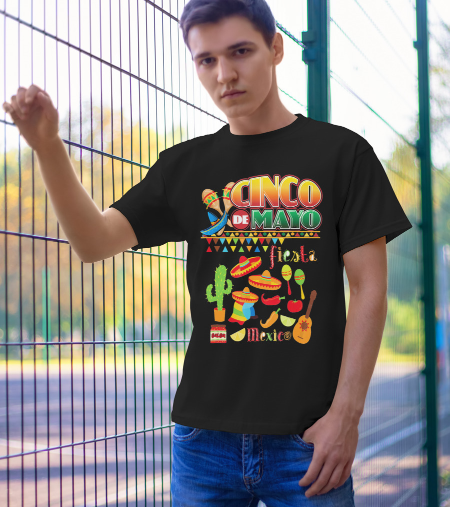 Cinco De Mayo Fiesta Mexico Cactus Sombrero Maracas Guitar Lime Chilli Peppers Icons T-Shirt
