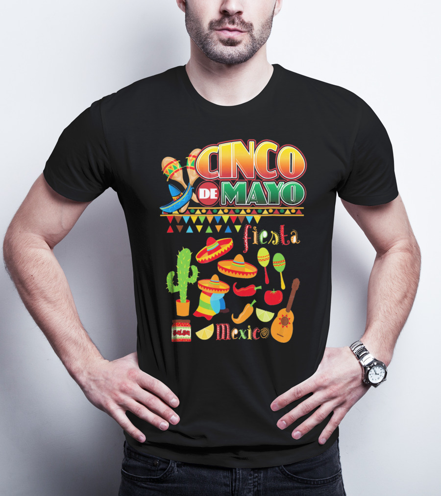 Cinco De Mayo Fiesta Mexico Cactus Sombrero Maracas Guitar Lime Chilli Peppers Icons T-Shirt